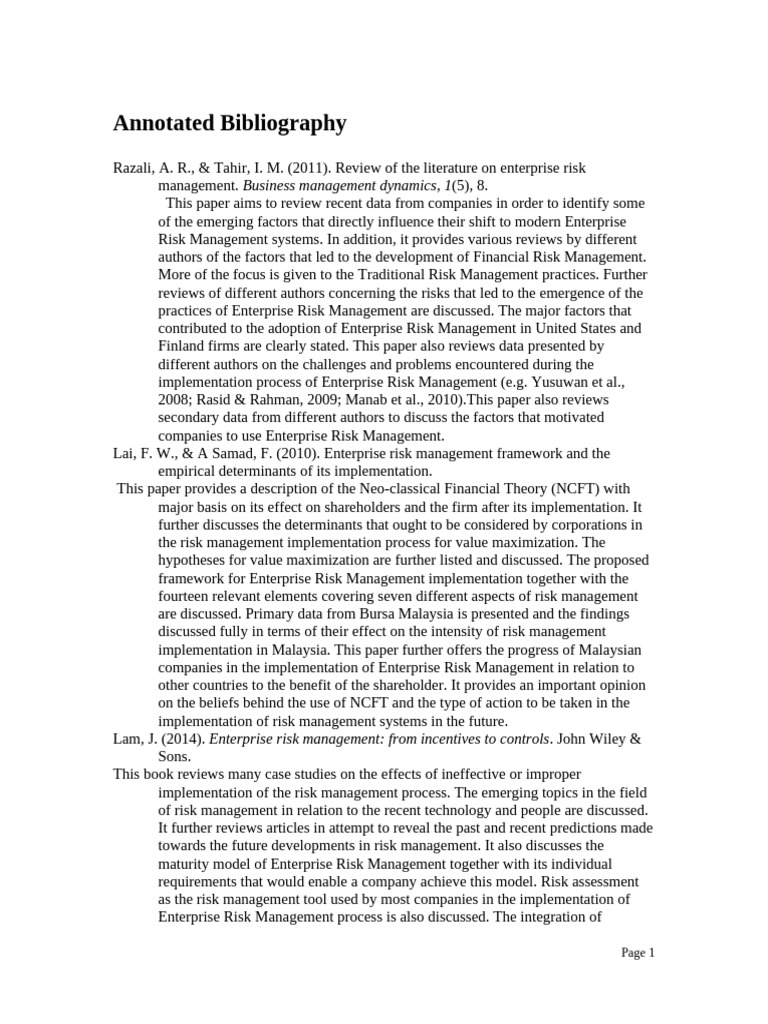 Annotated Bibliography | PDF | Risk Management | Enterprise Risk Management