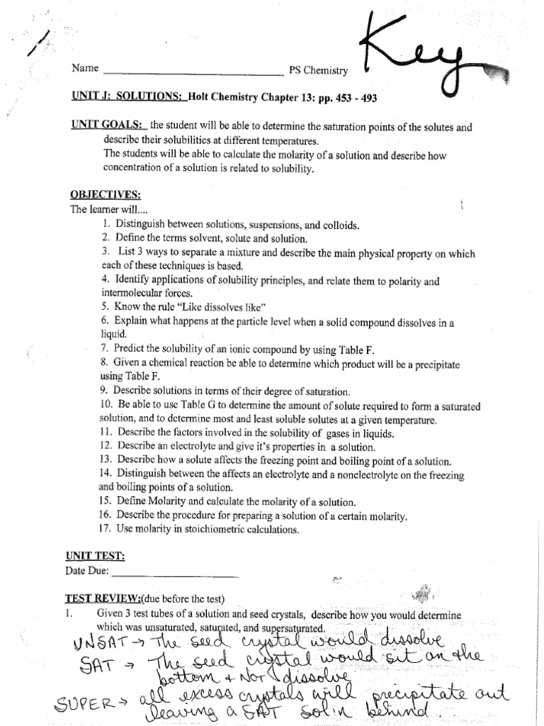 RChem Solutions Unit Plan Key | PDF