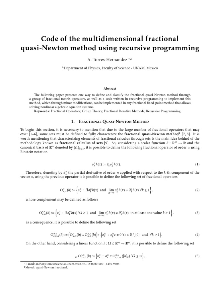 Code Of The Multidimensional Fractional Quasi Newton Method Using Recursive Programming Pdf