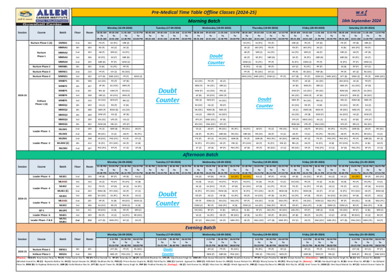 Doubt Counter: W.E.F Pre-Medical Time Table Offline Classes (2024-25) | PDF
