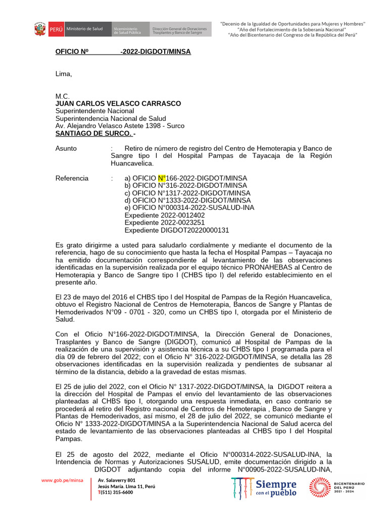 Oficio Susalud Hospital Pampas Tayacaja | PDF | Transfusión de sangre