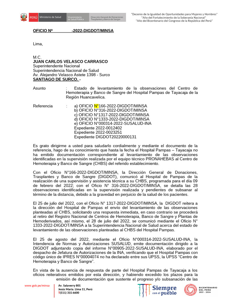 OFICIO SUSALUD HOSPITAL PAMPAS TAYACAJA HUANCAVELICA | PDF | Transfusión de sangre