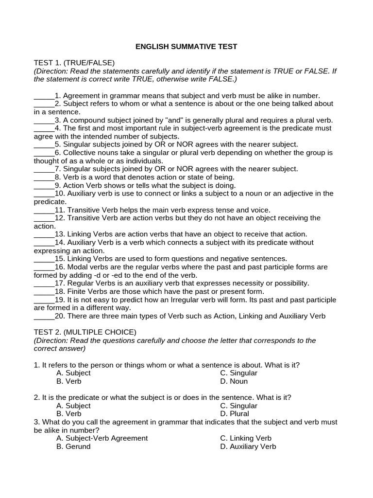 3RD Quarter Summative Test | PDF | Verb | Subject (Grammar)