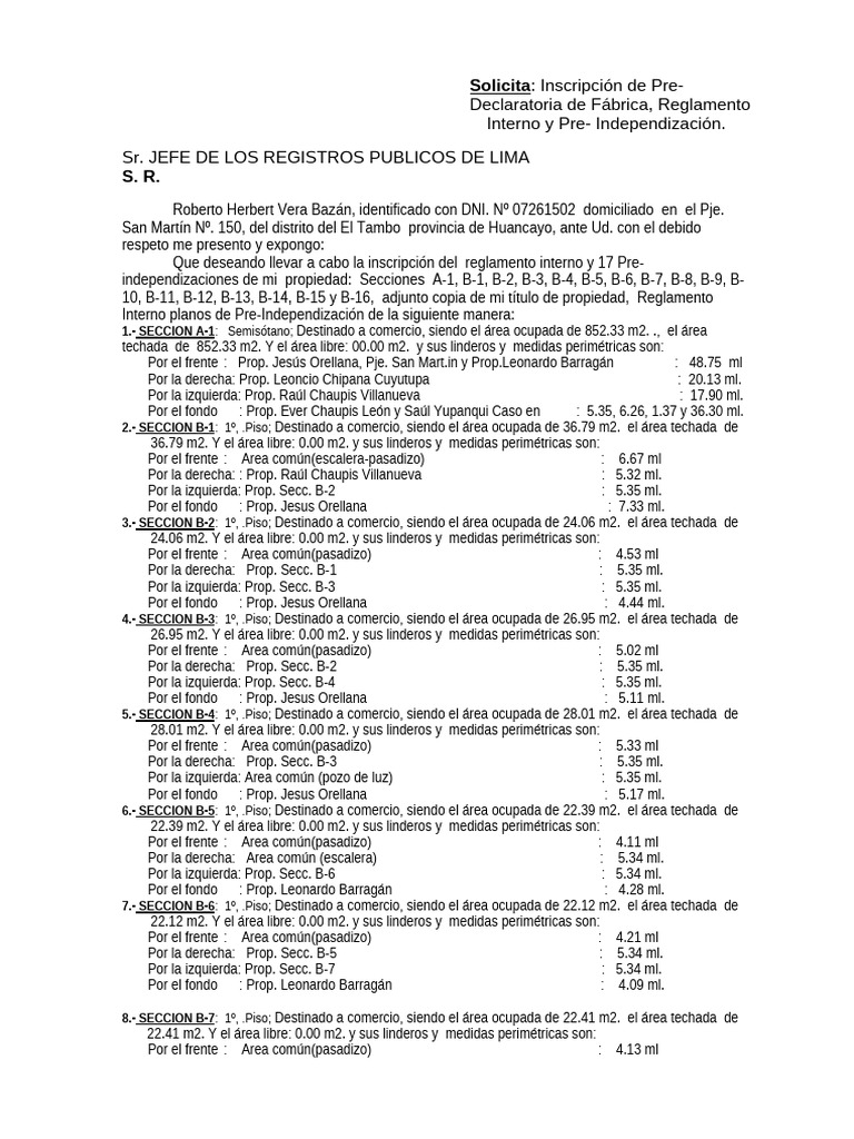 Solicitud PRE-INDEPENDIZ. ROBERTO VERA BAZAN- EL TAMBO | PDF
