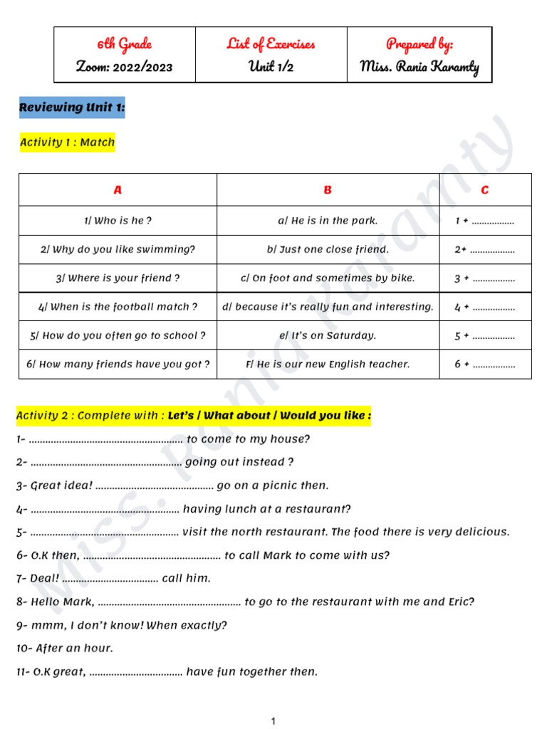6th Grade English Exercises for Units 1 & 2 | PDF | Foods | Cuisine