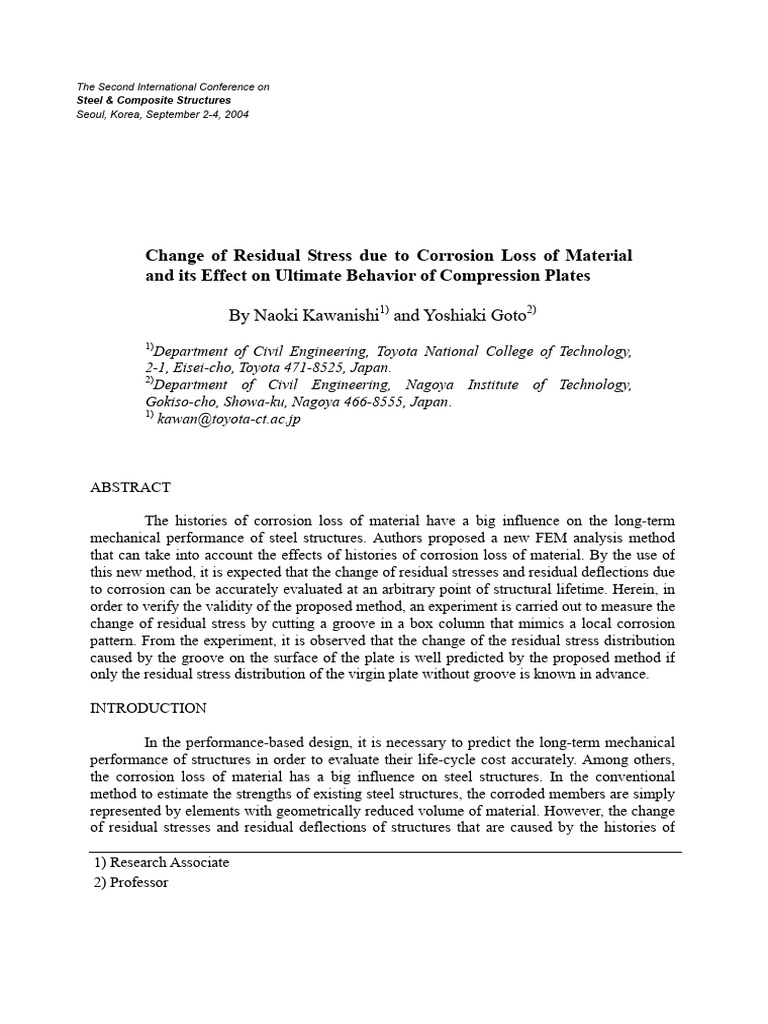 Change of Residual Stress Due To Corrosion Loss of Material and Its ...