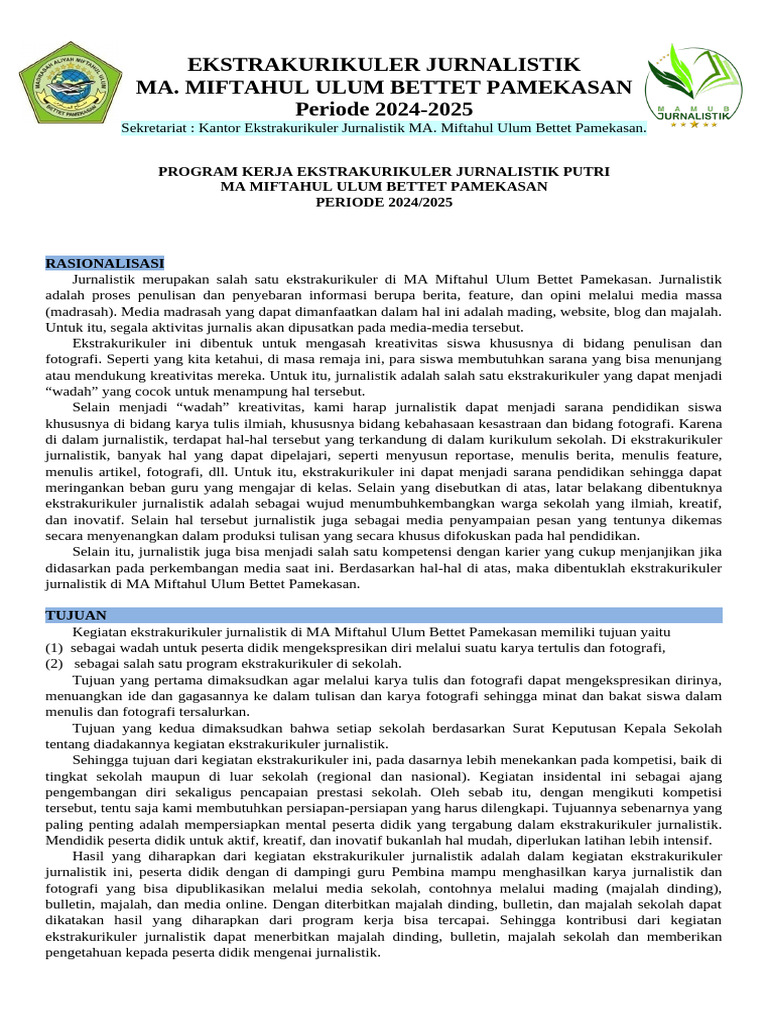 Program Kerja Ekskul Jurnalistik Putri 2025 | PDF