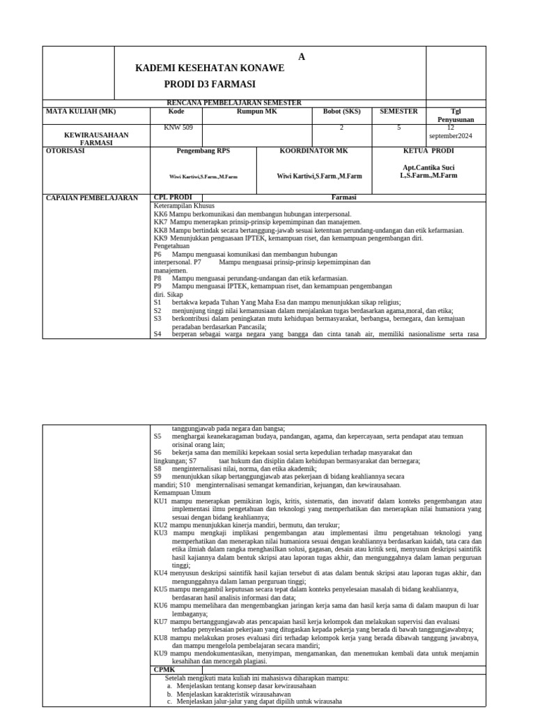 RPS-MK Kewirausahaan Farmasi | PDF