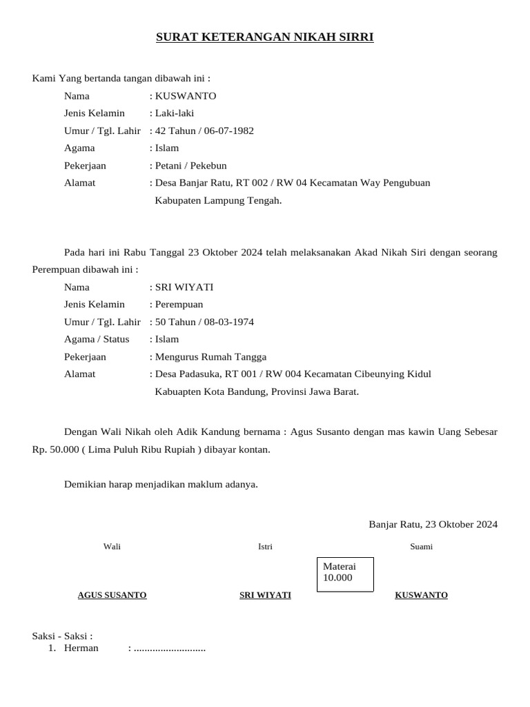 Surat Keterangan Nikah Sirri Kuswanto | PDF