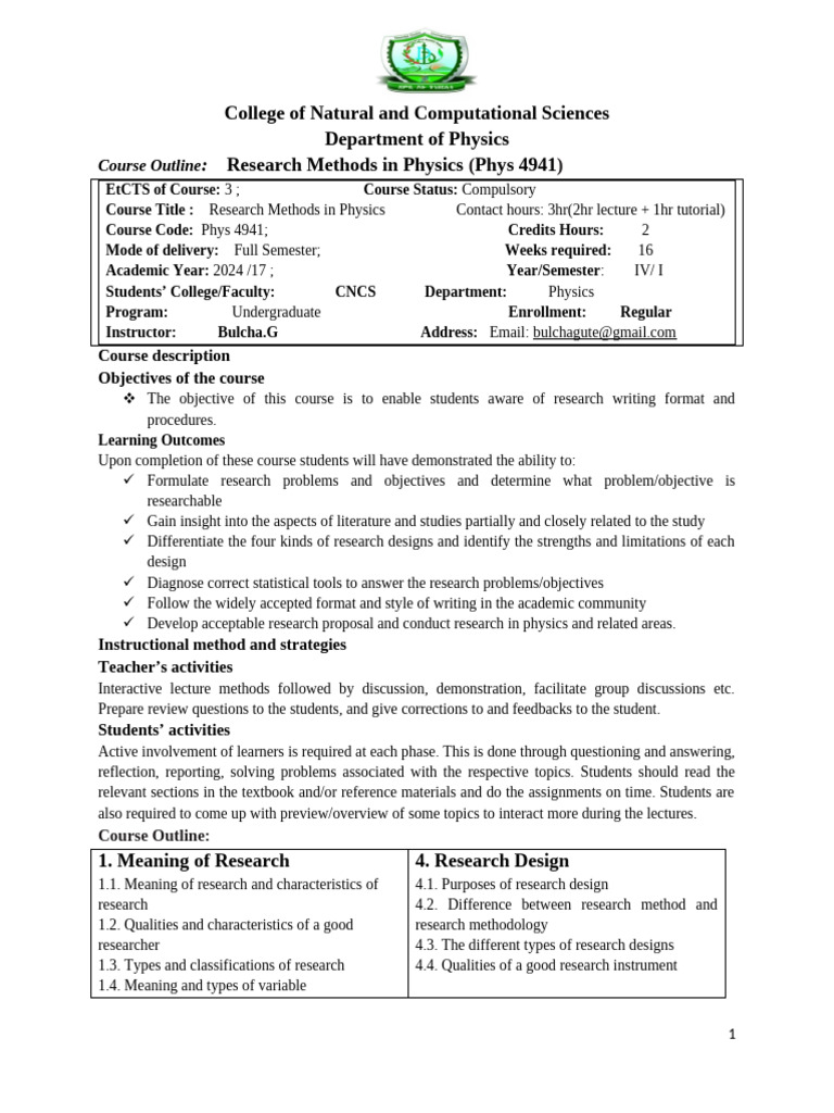 Research Methods in Physics Course Outline | PDF | Educational ...