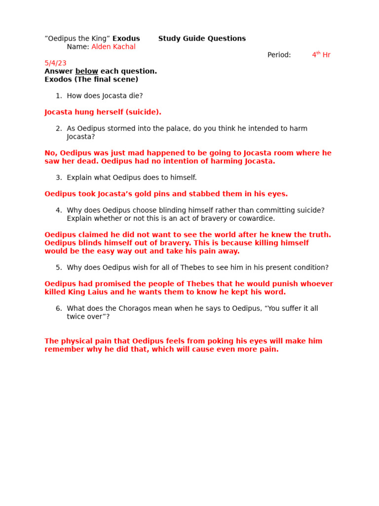 Oedipus The King Exodus SG Questions Stucleaner | PDF