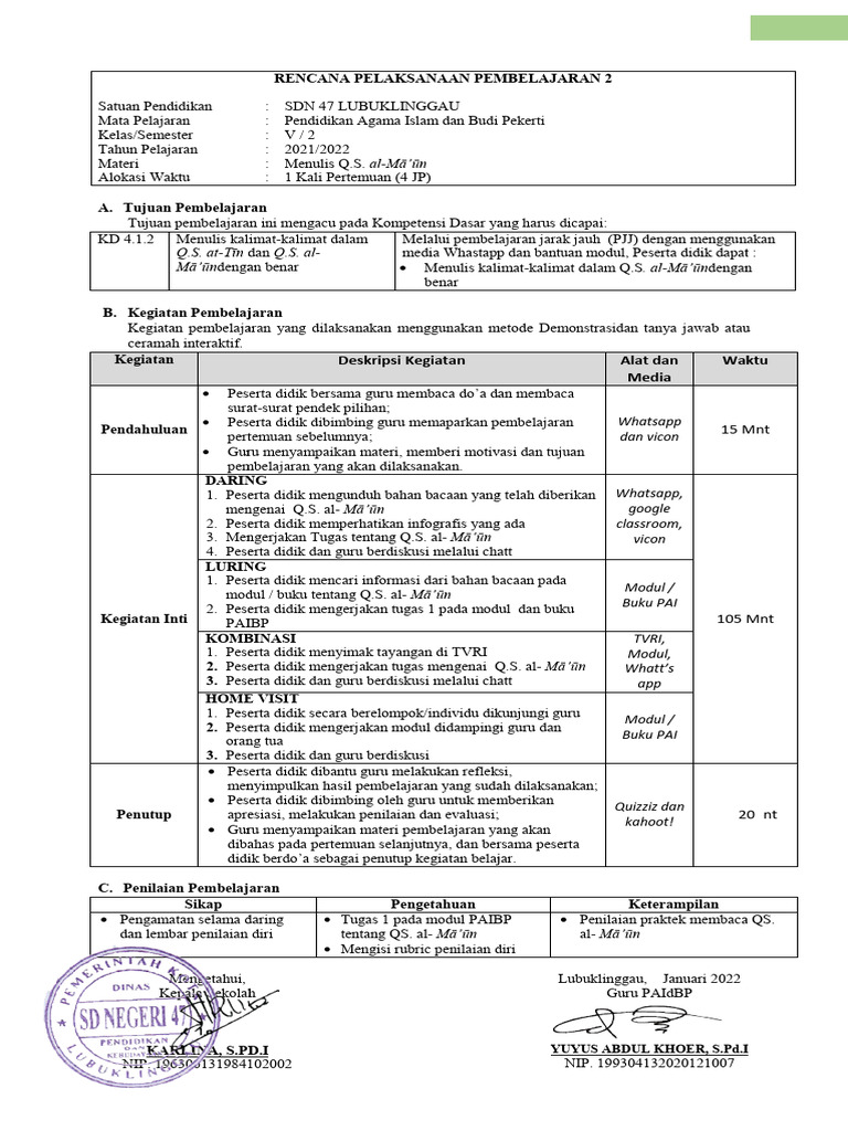 Pertemuan 2 - RPP PAIBP Kls 5 SEMESTER 2 2021-2022 | PDF