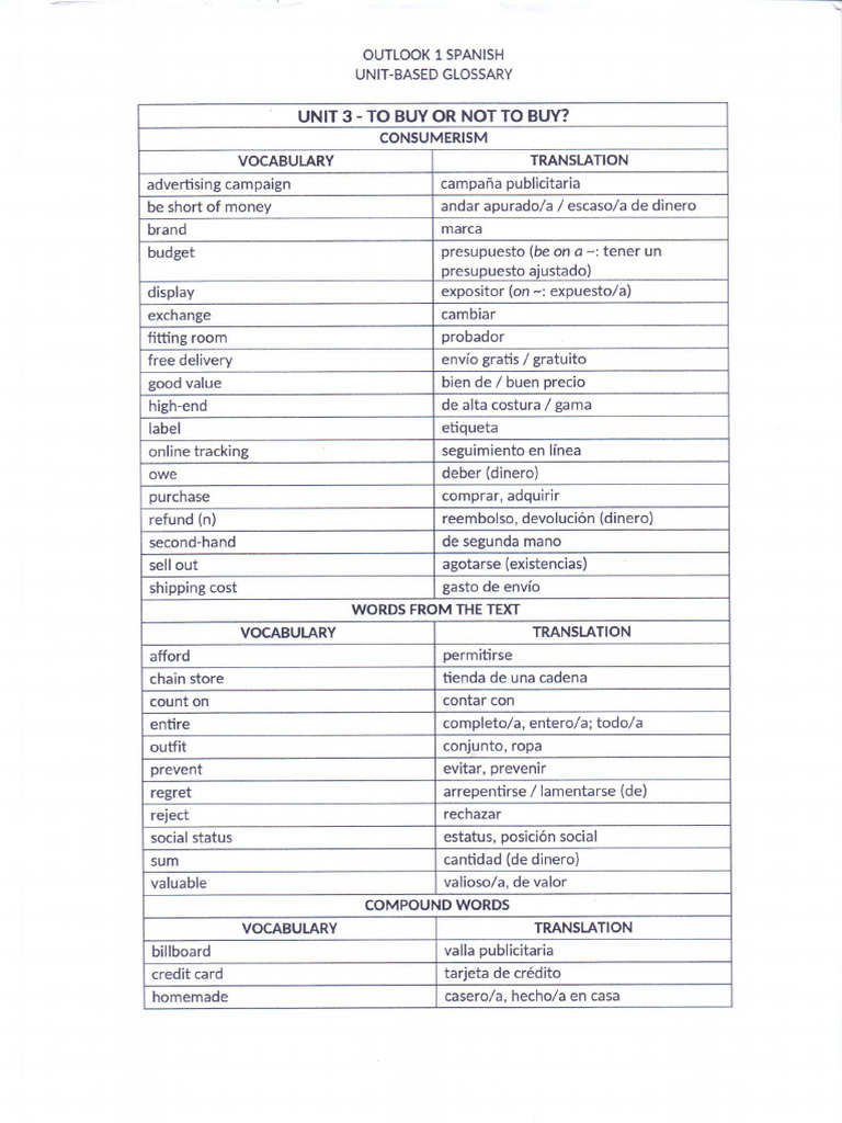 vocabulario unit 3 | PDF