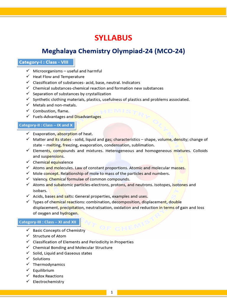 Meghalaya Chemistry Olympiad 2024 Syllabus Pdf Chemistry Chemical