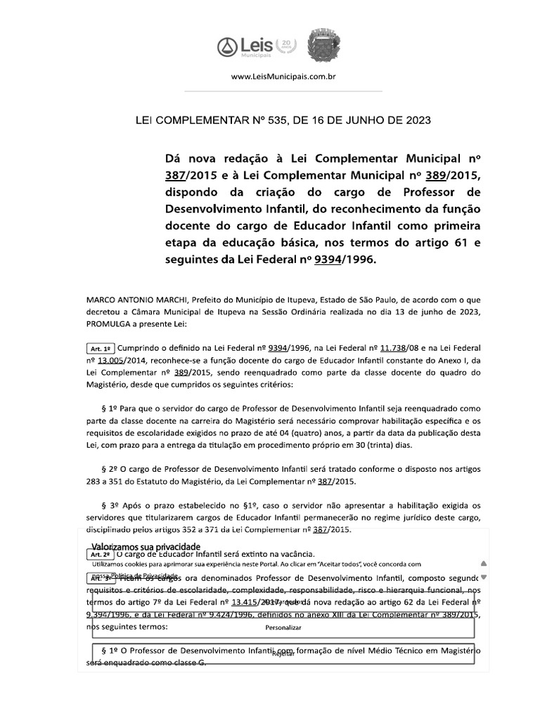 Lei Complementar 535.2023 - Pdi Itupeva | PDF