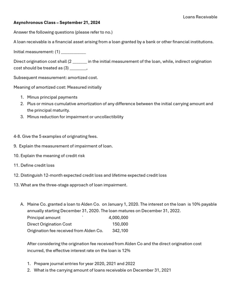 Asynchronous Class 09.21.24 Loans Receivable | PDF | Finance & Money ...