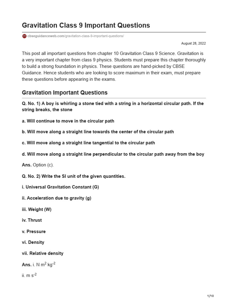 Class 9 Gravitation Key Questions | PDF | Buoyancy | Weight
