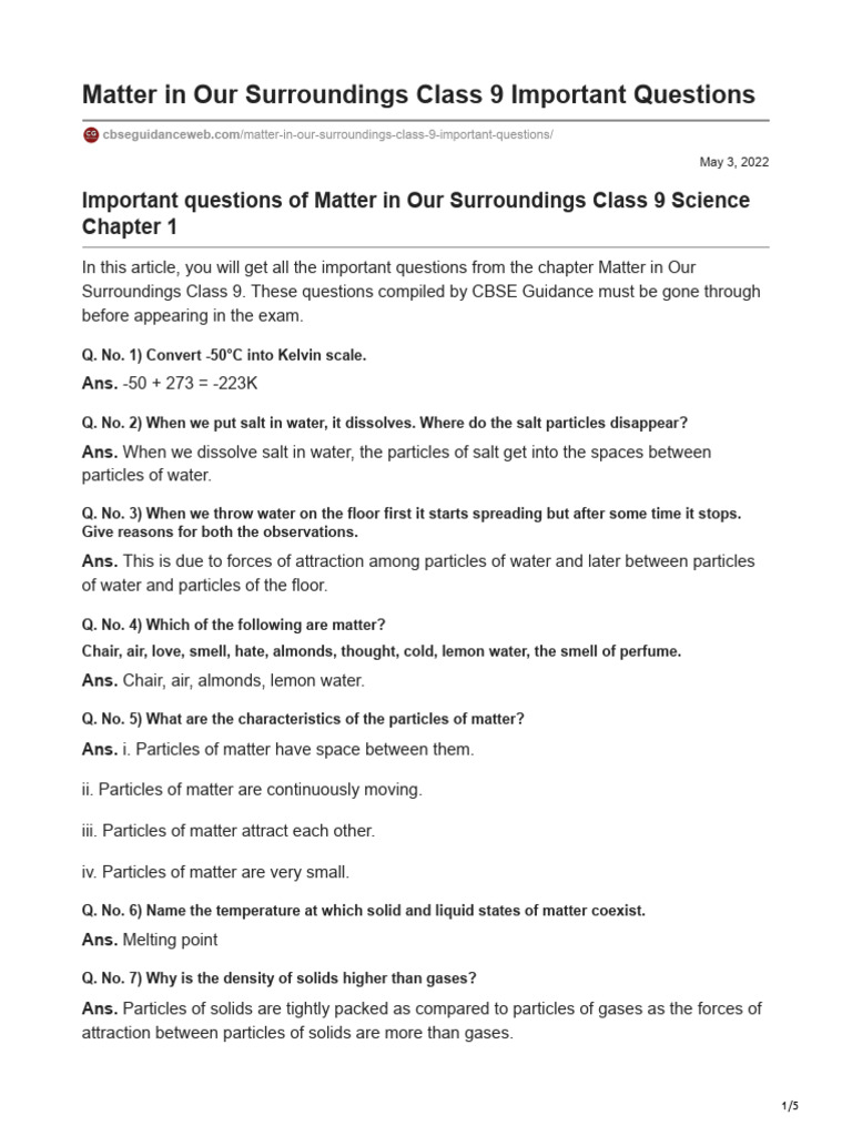 Matter in Our Surroundings Class 9 Important Questions | PDF | Latent ...