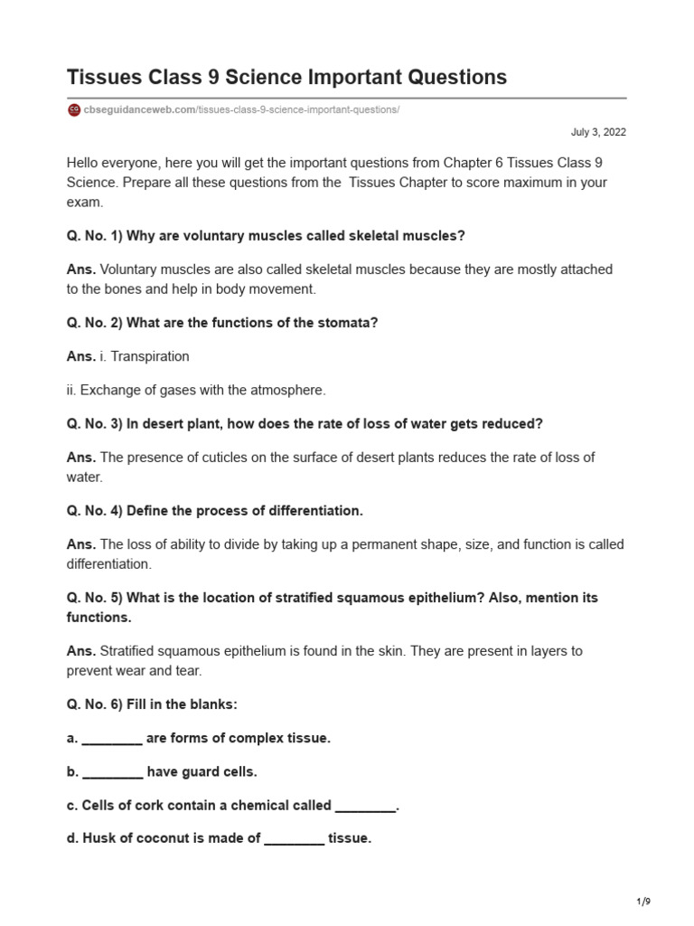 Class 9 Tissues Important Questions | PDF | Tissue (Biology) | Root