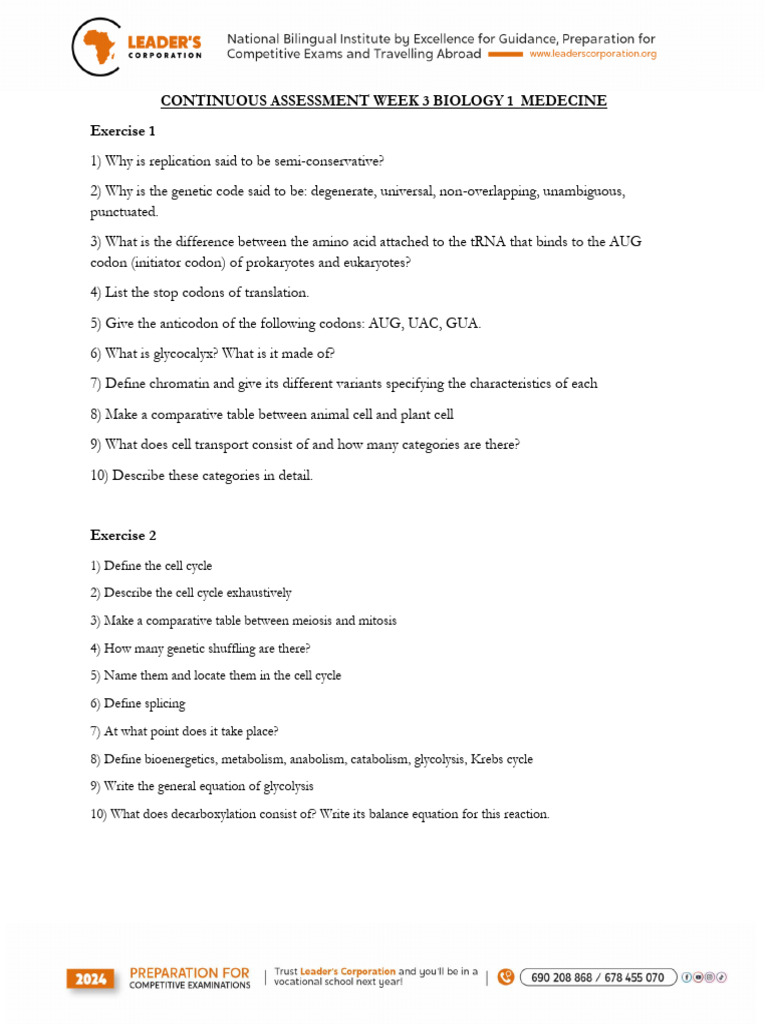 Biology Continuous Assessment Week 3 | PDF