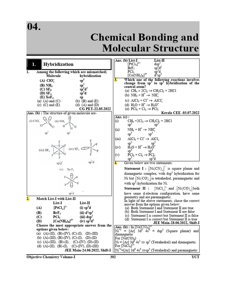 YCT Chemical Bonding NEET JEE Practice Questions. | PDF | Chemical Bond ...