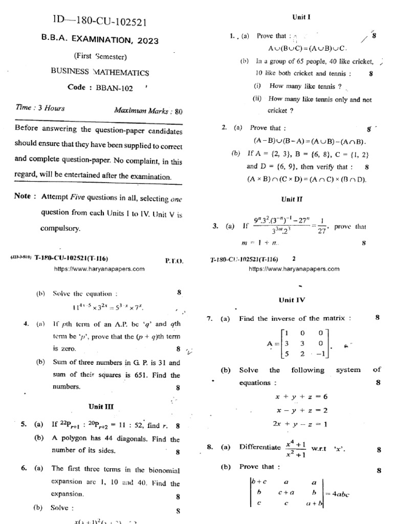 Bba 1 Sem Business Mathematics 102521 2023 | PDF