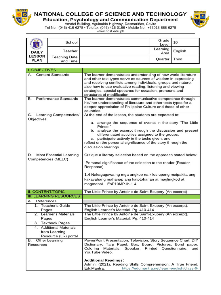 NCST Daily Lesson Plan Format English | PDF | Learning | The Little Prince
