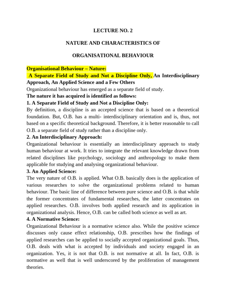 Lecture No. 2 Nature and Characteristics of Ob | PDF | Organizational ...