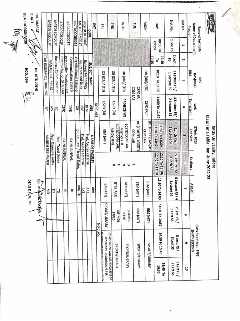 2nd Sem Updated - Time Table | PDF