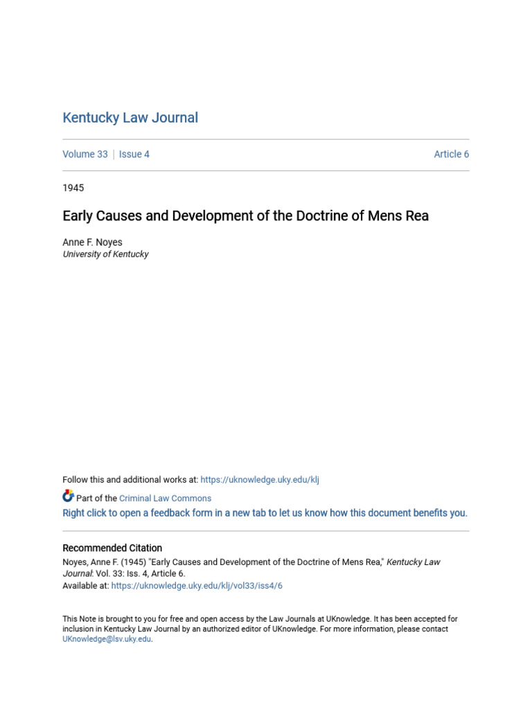 Early Causes and Development of The Doctrine of Mens Rea | PDF | Mens Rea | Crimes