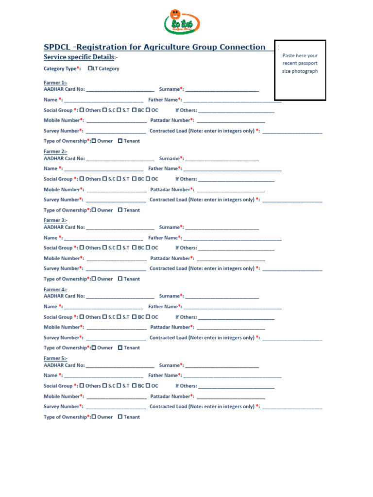 SPDCL - Registration For Agriculture Group Connection Application Form | PDF | Authentication ...