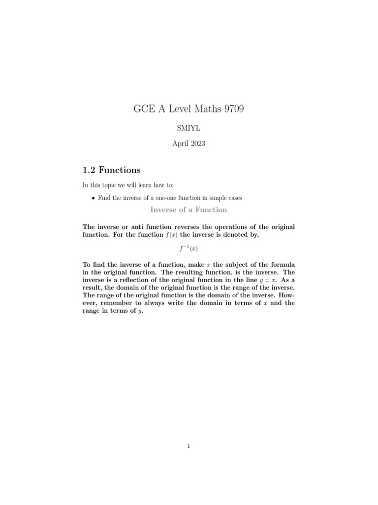 Gce A Level Functions Findinyhvvvvg The Inverse Of A Function Pdf Function Mathematics