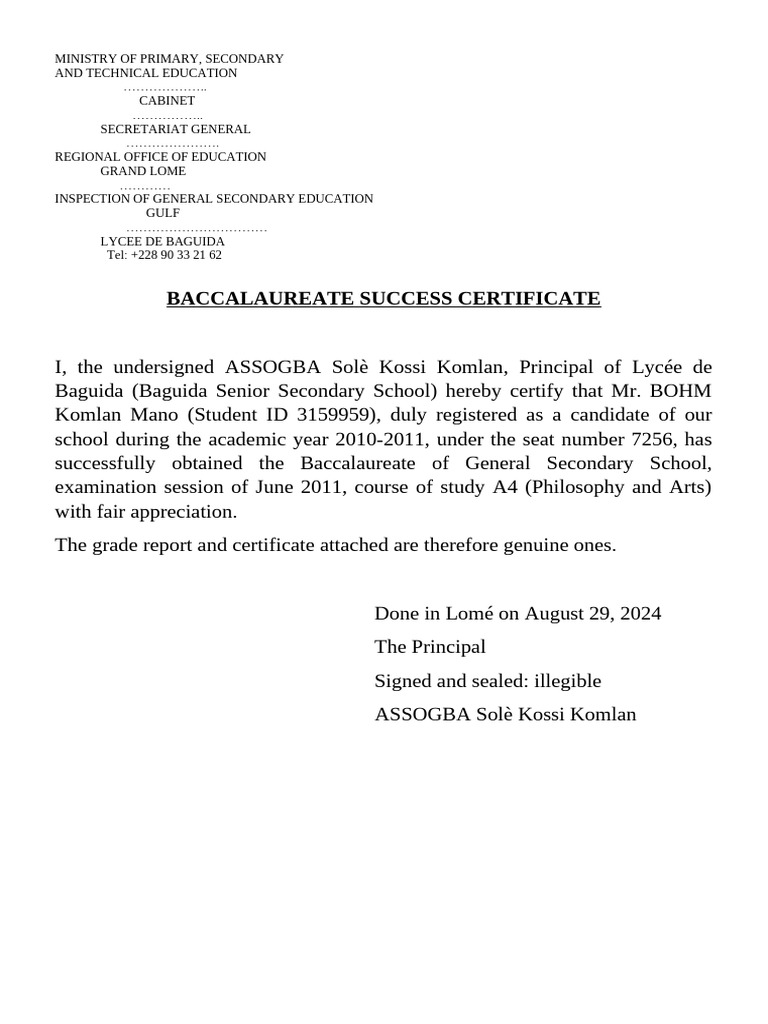 Baccalaureate Success Certificate | PDF