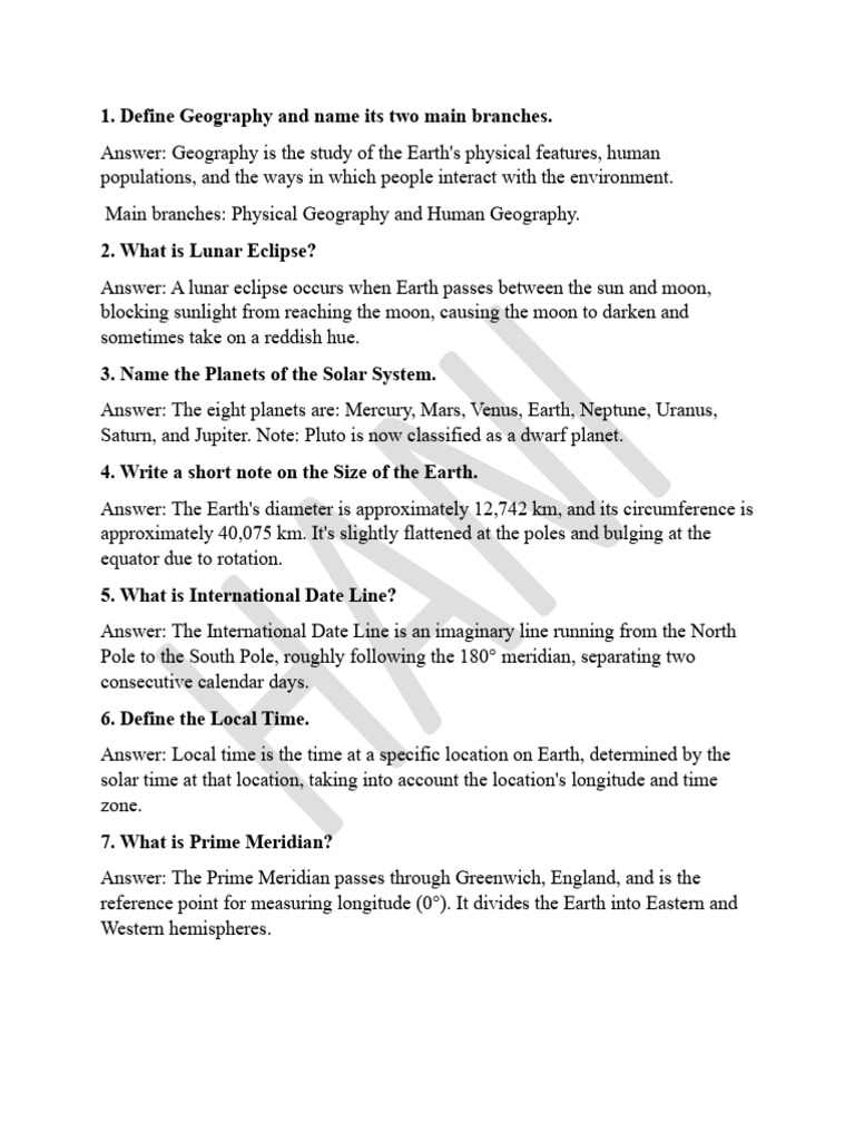 GEOGRAPHY Short Questions With Answers-GEOG-111 | PDF | Earth | Tide