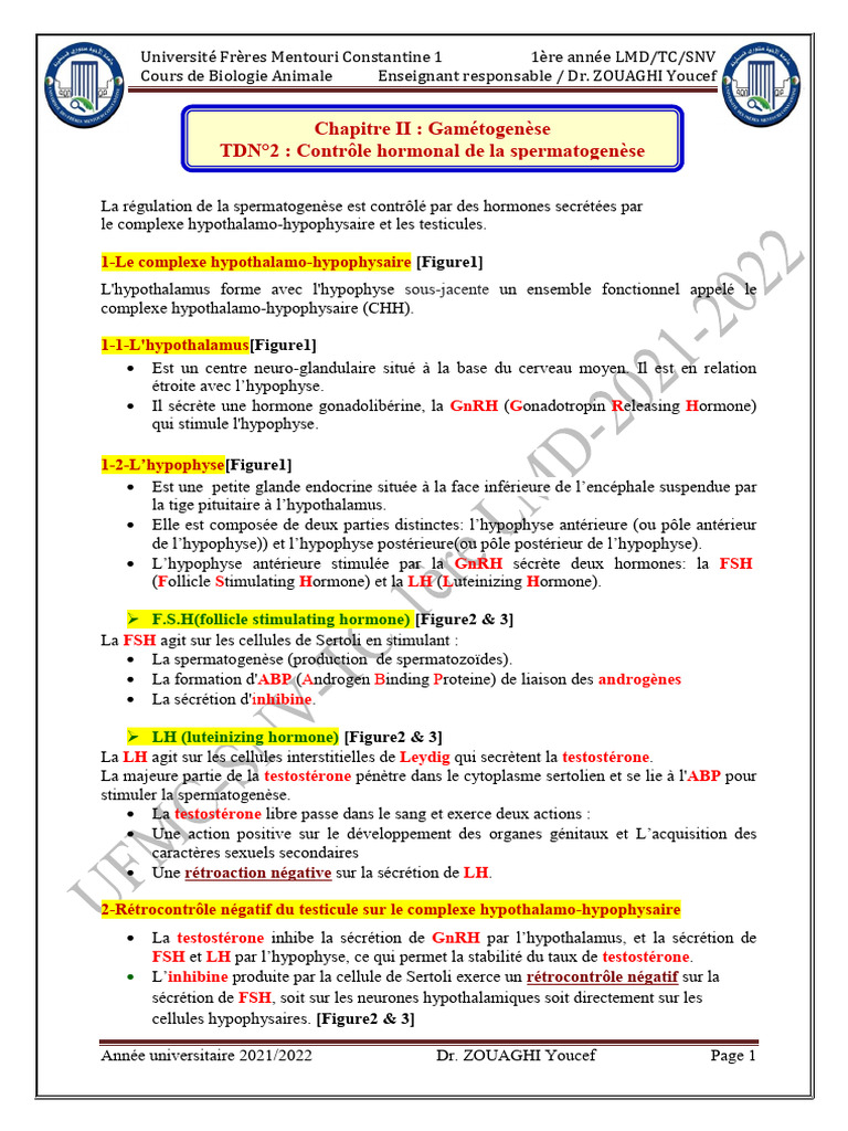 TD N°2-Chapitre II - Controle Hormonale de La Spermatogenèse DR ...