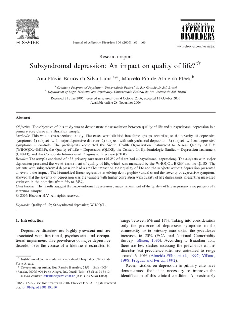 Subsyndromal Depression An Impact On Quality of Life | PDF | Major ...