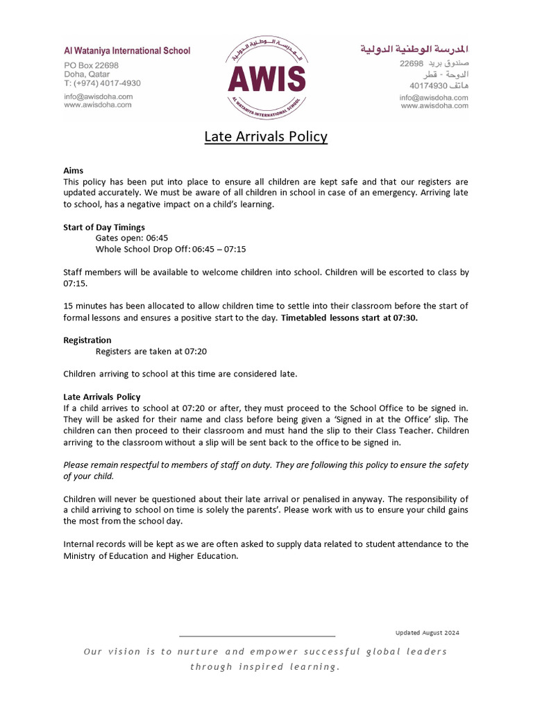 Late Arrivals Policy August 2024 | PDF | Classroom