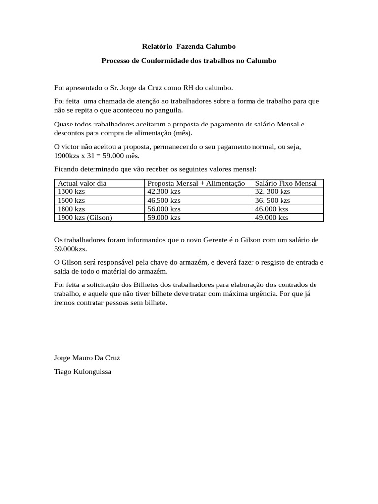 Conformidade e Salários na Fazenda Calumbo | PDF