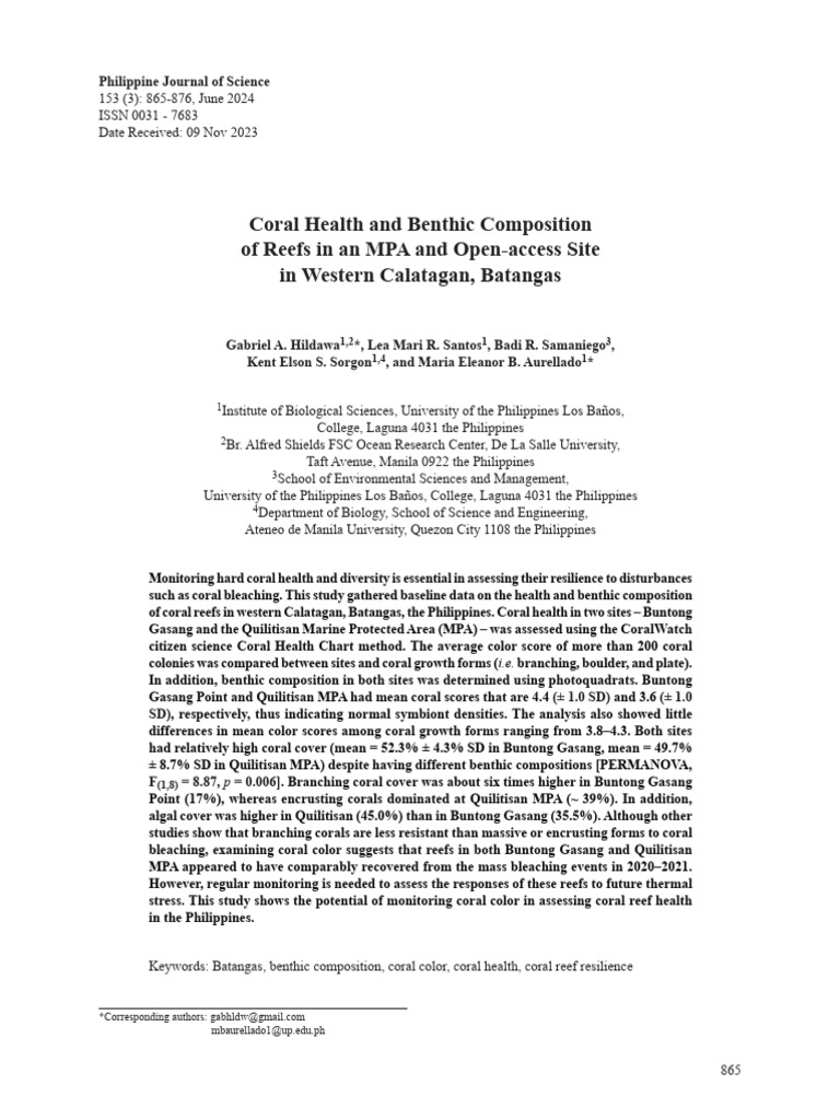 Coral Health in Calatagan Reefs | PDF | Coral | Coral Reef