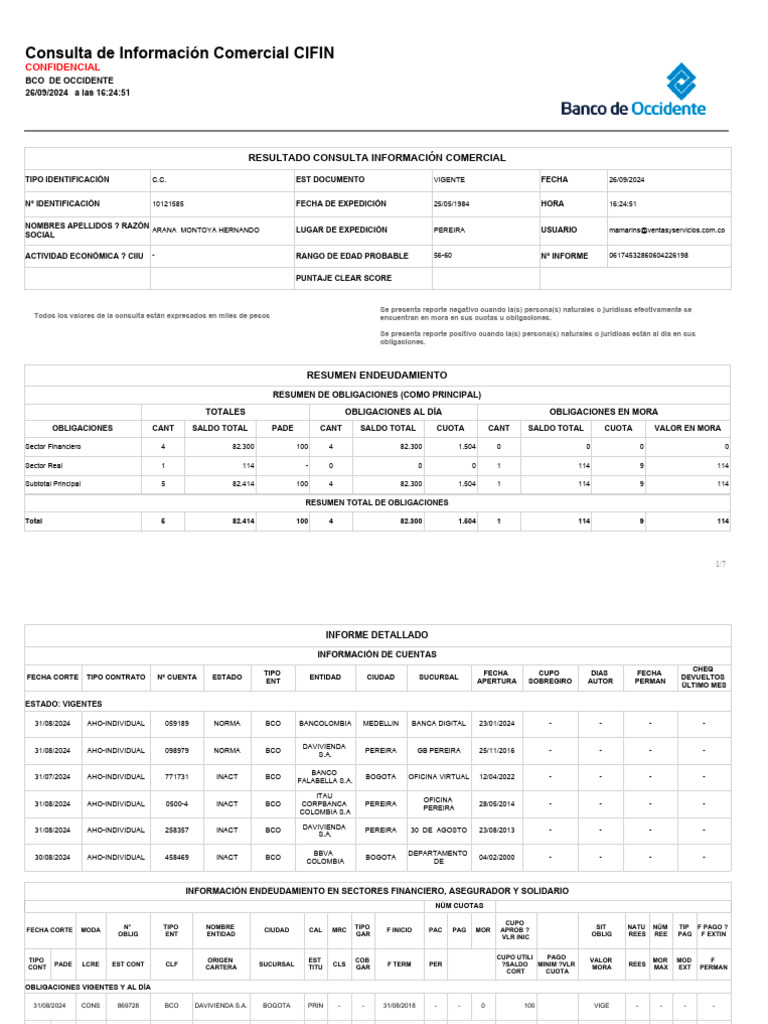 ConsultaInformacionComercialCIFIN - 2024-10-23T123540.722 | PDF | Colombia | Bancario