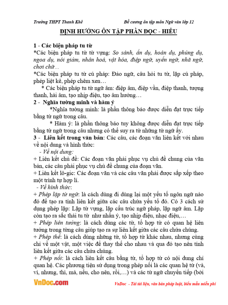 Ly Thuyet Va Bai Tap Doc Hieu Mon Ngu Van12 | PDF