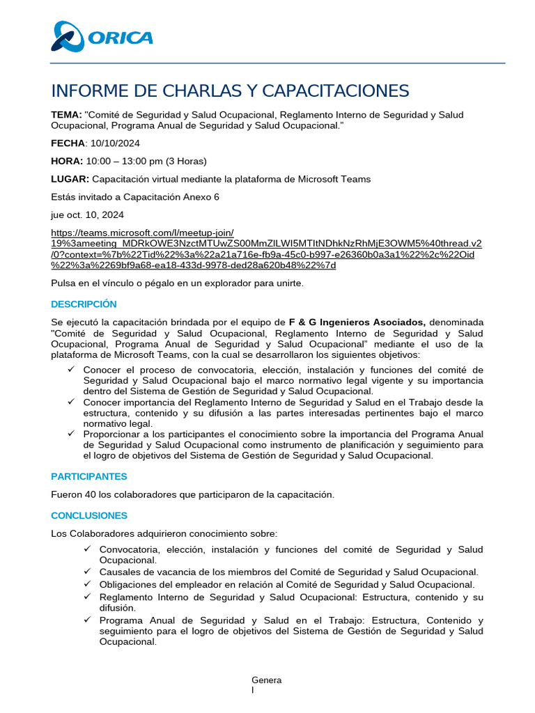 Informe de Capacitacion - Comite SSO | PDF