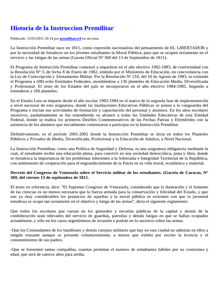 Historia de La Instruccion Premilitar | PDF | Venezuela | Educación ...