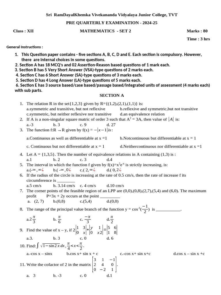 Xii Maths Pre Half Yearly Set2 24-25 | PDF | Mathematical Concepts | Mathematics