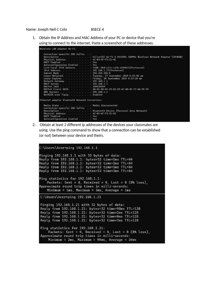 ECE 4122 Lab Exer3 Basic Network Commands - COLO | PDF