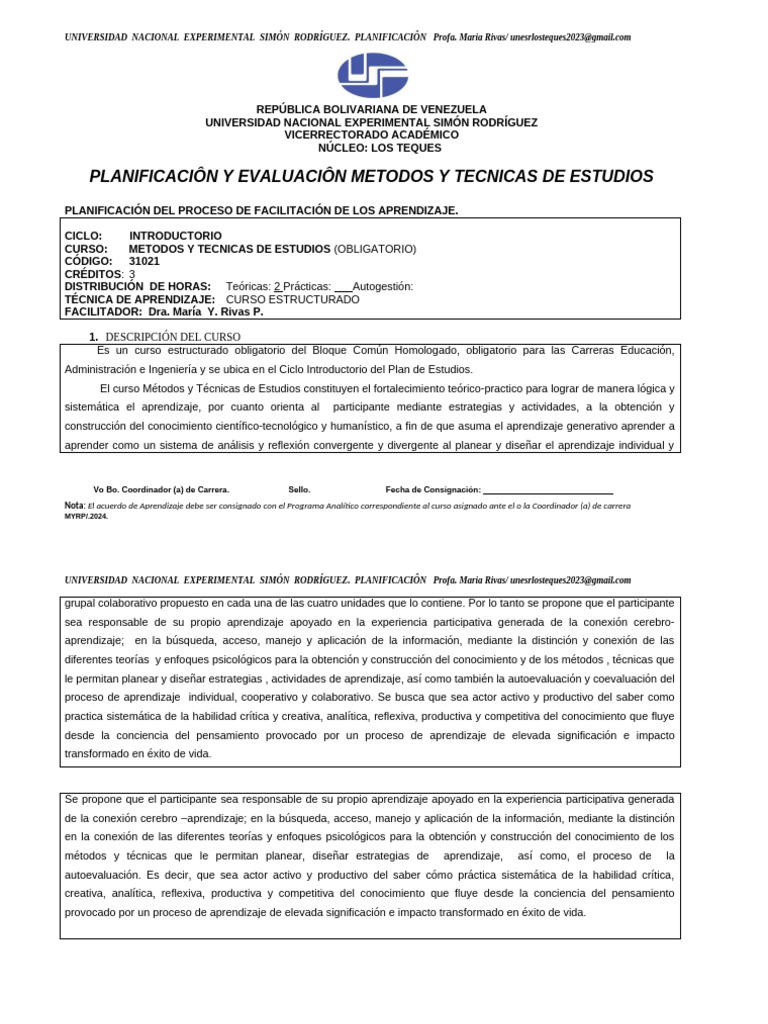 PLANIF. Metodos y Tecnicas de Estudios 2024-2 | PDF | Aprendizaje | Sicología