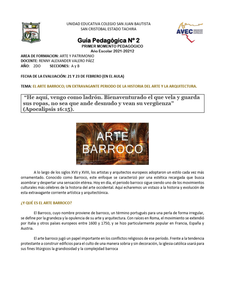 2da Guia Pedagogica Arte y Patrimonio 2do Ano 2do Lapso | PDF | Barroco | Escultura