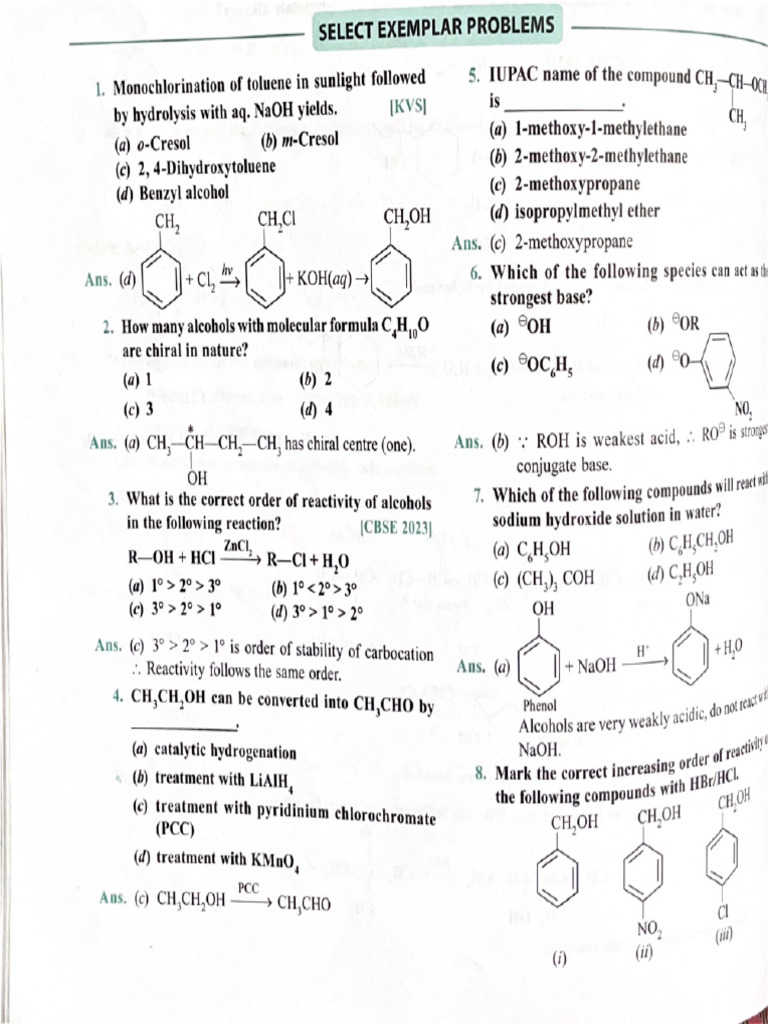 Alcohol Phenols Ether, Select Exemplar Questions | PDF