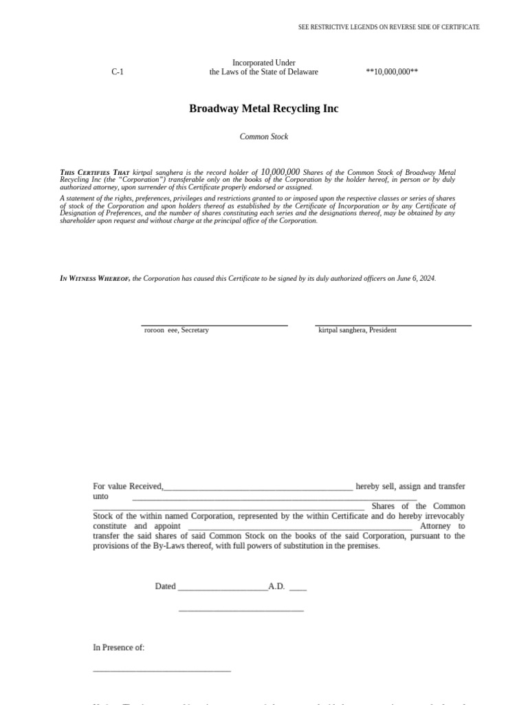 Broadway Metal Recycling Inc - Common Stock Certificate - kirtpal ...