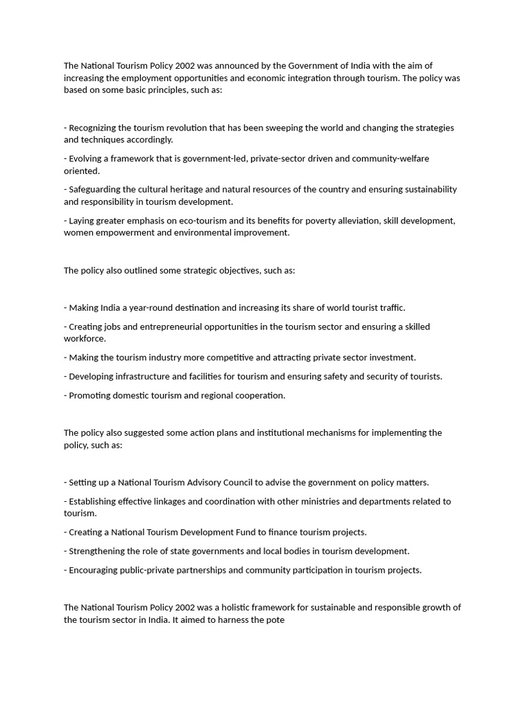 The National Tourism Policy 2002 Was Announced by The Government of ...